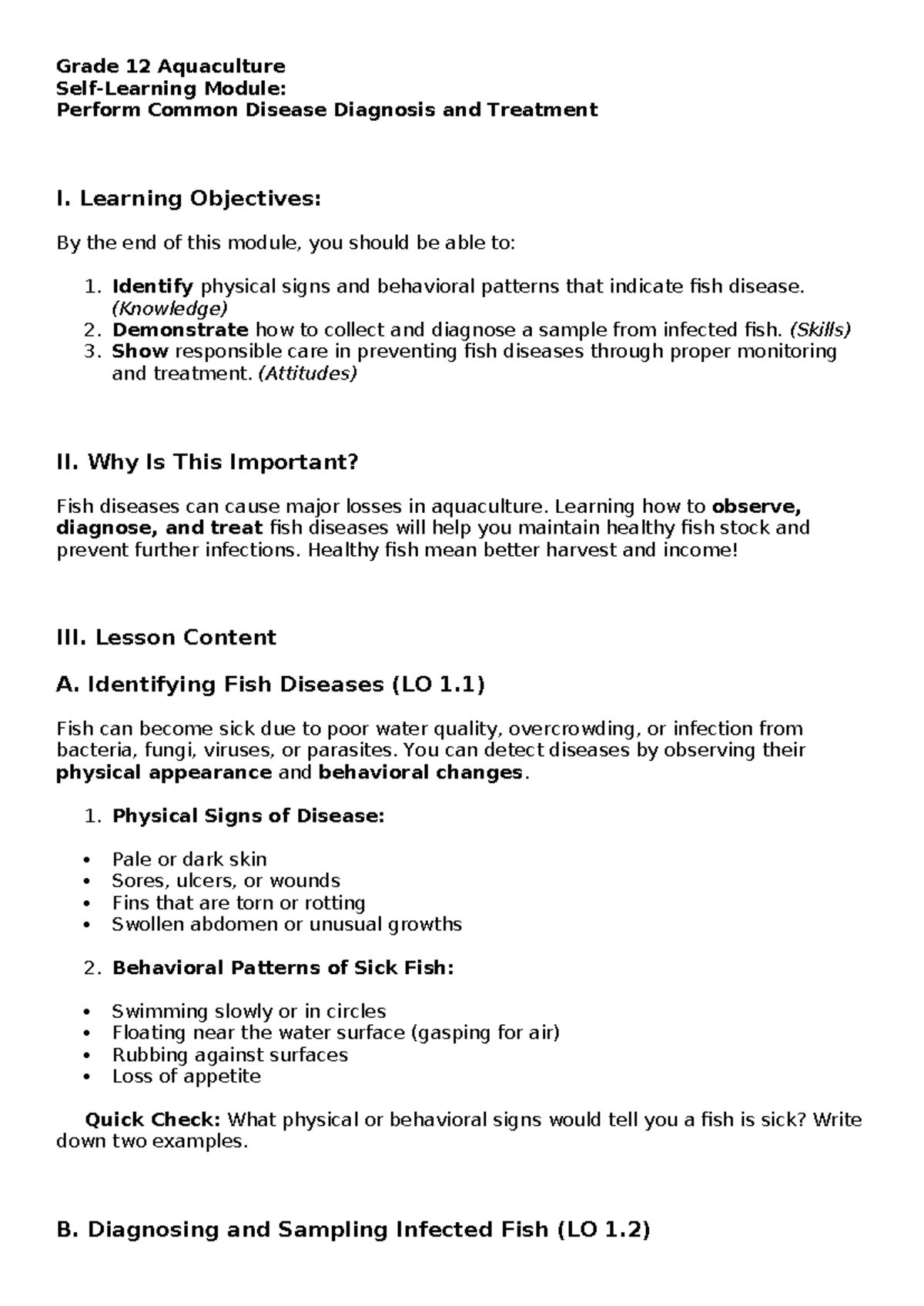 Grade 12 Aquaculture Q4 Module: Fish Disease Diagnosis & Treatment ...