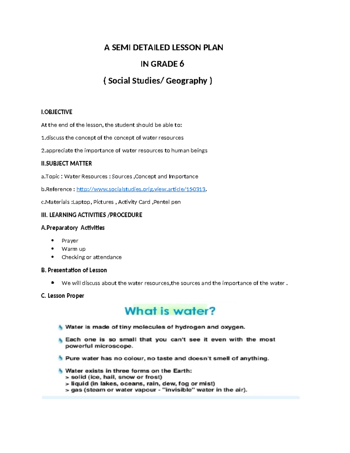 Grade 6 Social Studies Lesson Plan: Water Resources Overview - Studocu