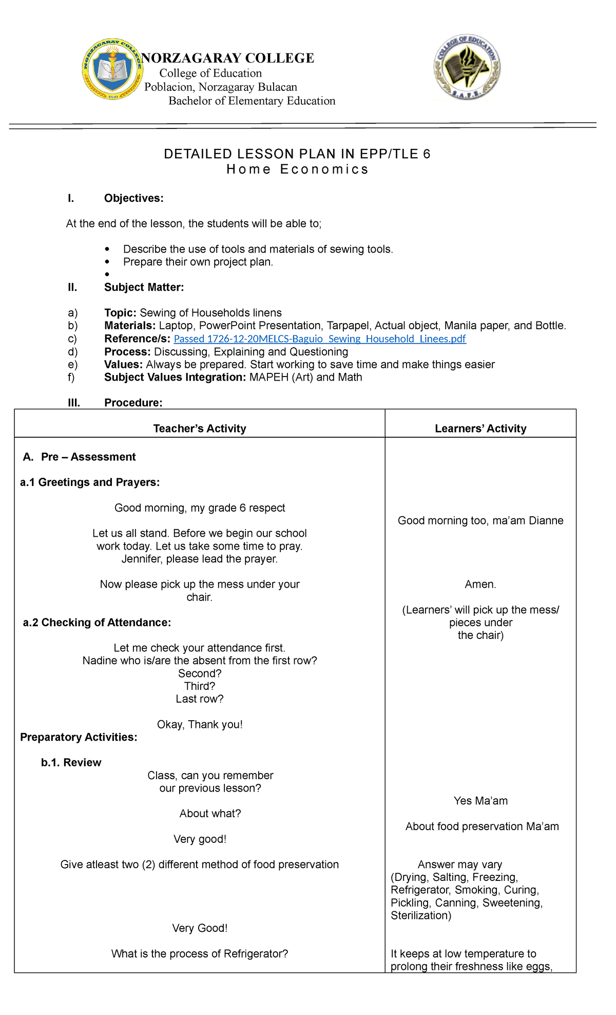 Detailed Lesson Plan in Home Economics: Sewing Techniques (BEED 3A ...