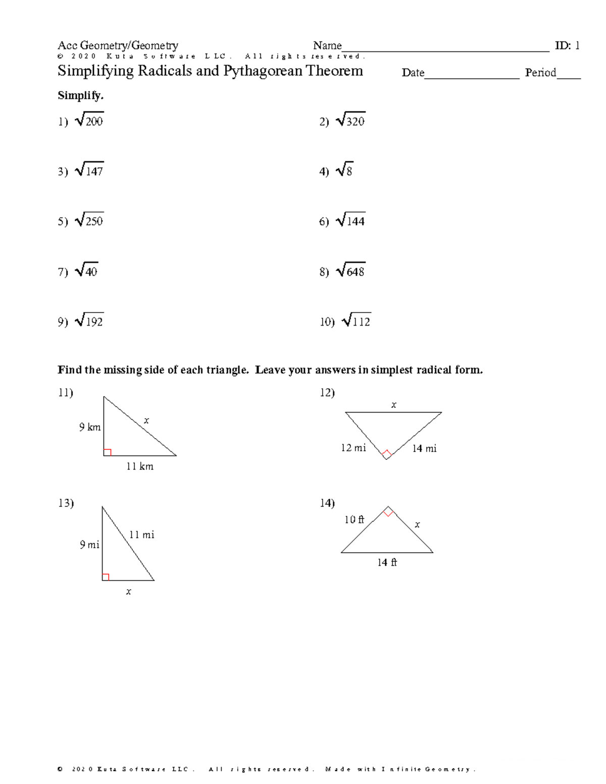 Simplifying Radicals & Pythagorean Theorem Worksheet (ID: 1) - Studocu