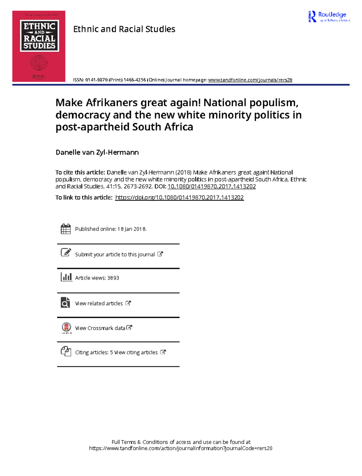 Ethnic and Racial Studies 41:15 - National Populism and Afrikaner ...