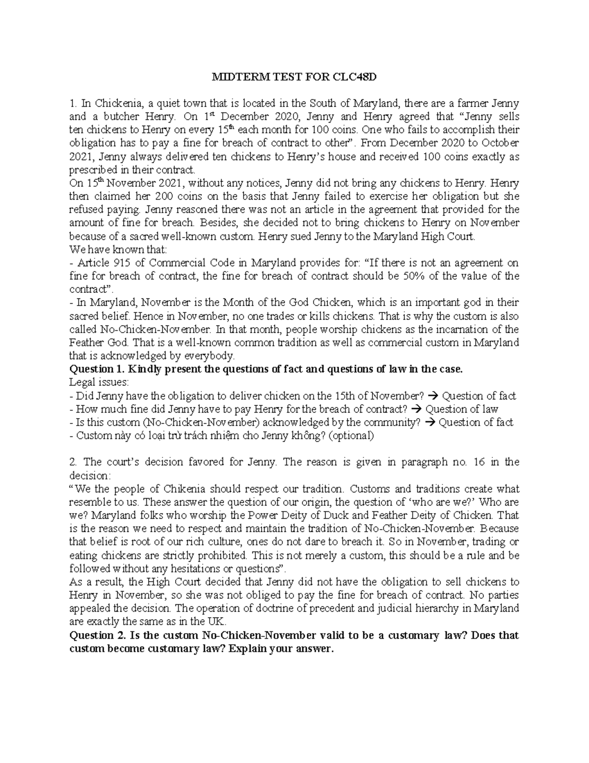 MIDTERM TEST for CLC48D: Legal Analysis of Contractual Obligations ...