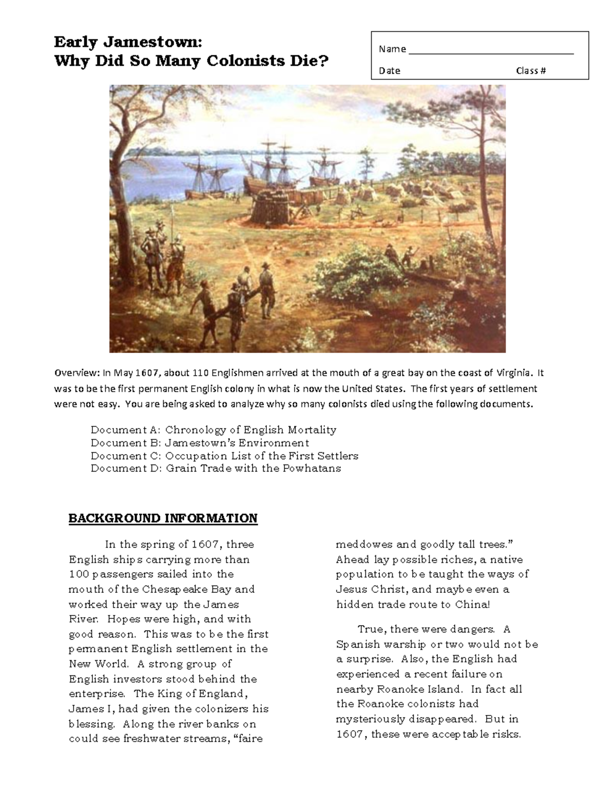 Early Jamestown DBQ: Analyzing Colonist Mortality Causes - Studocu