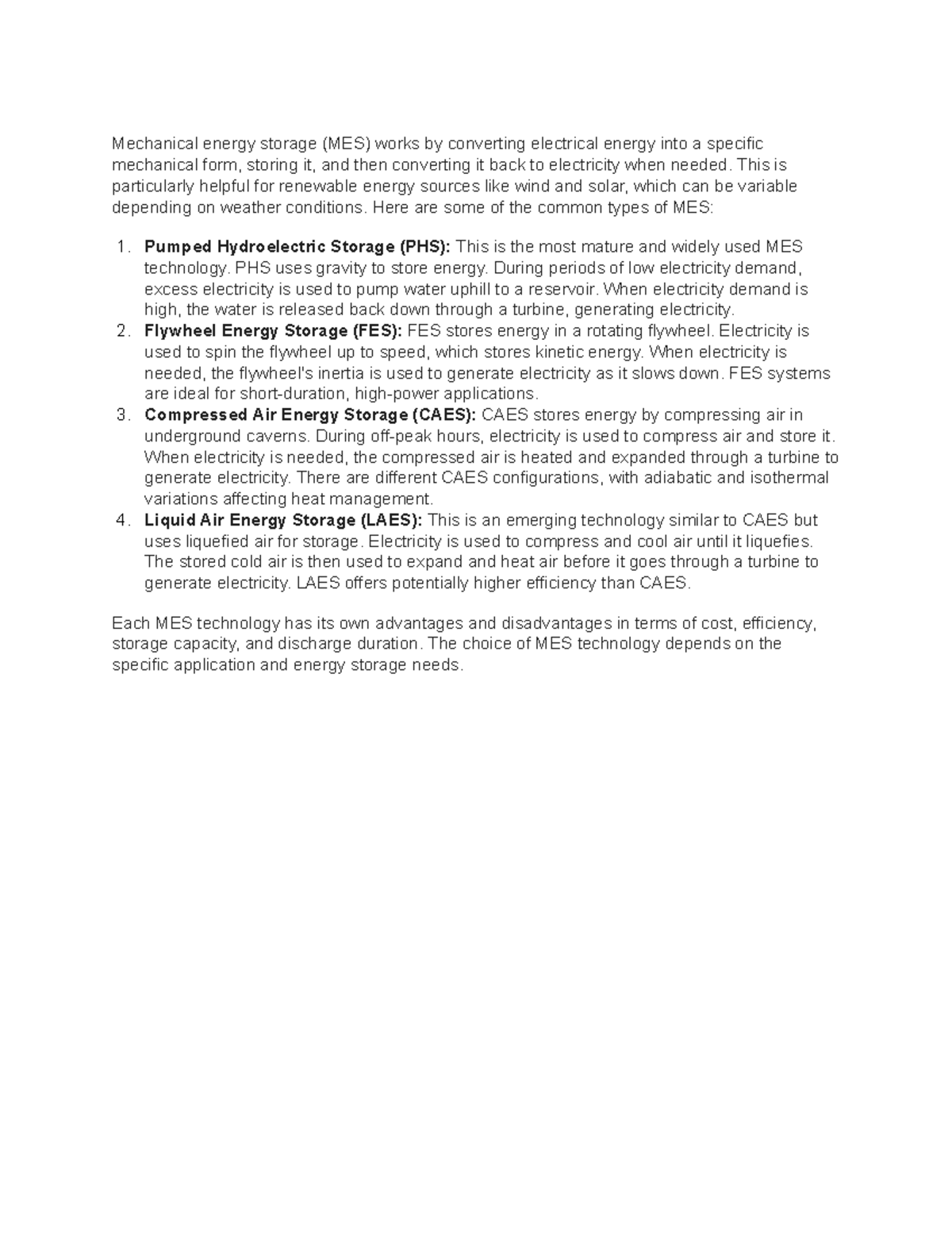 Types of Mechanical Energy Storage Explained: PHS, FES, CAES, LAES ...