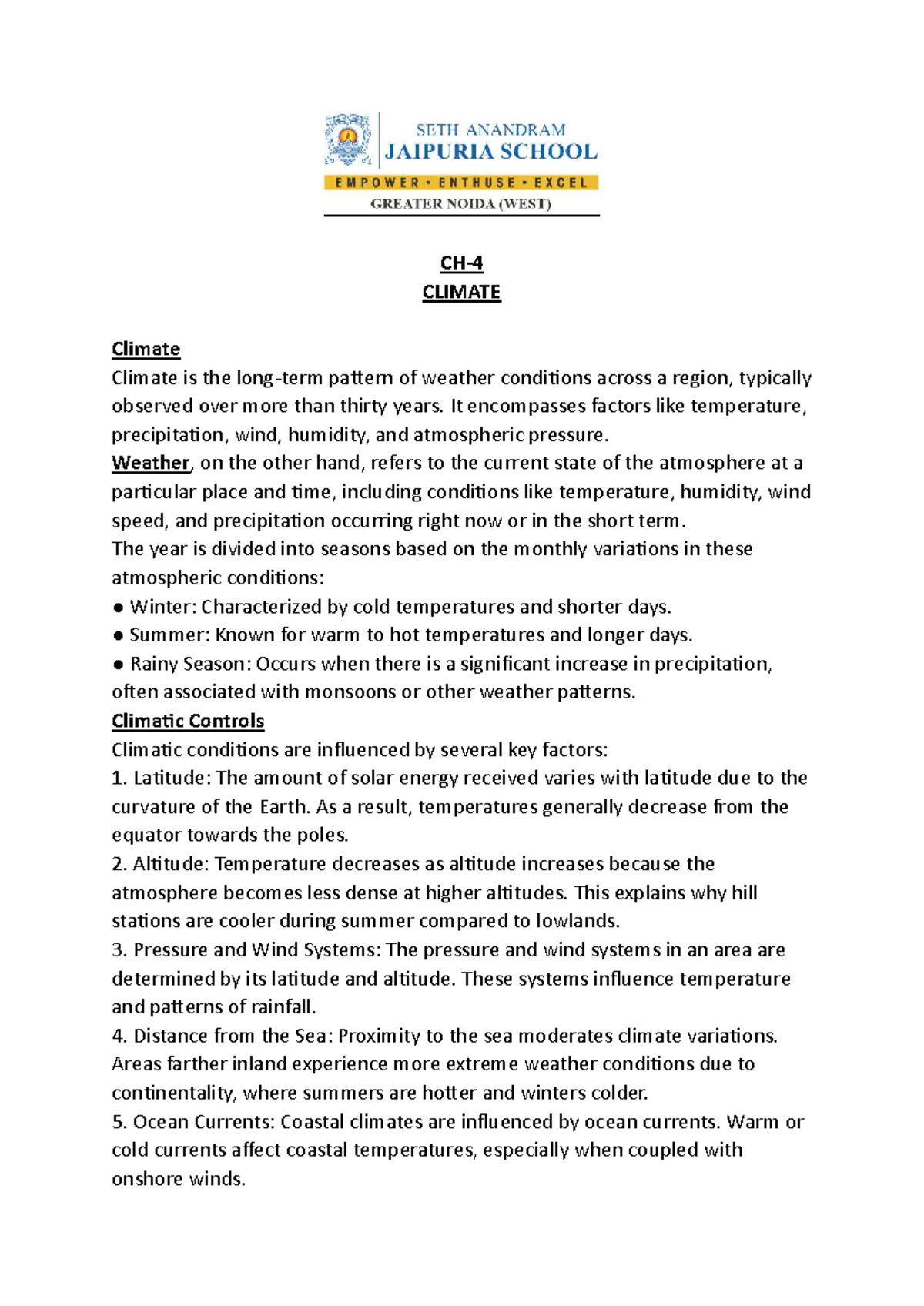 CH-4 Climate: Class IX Revision Notes on Weather Patterns and Monsoons ...