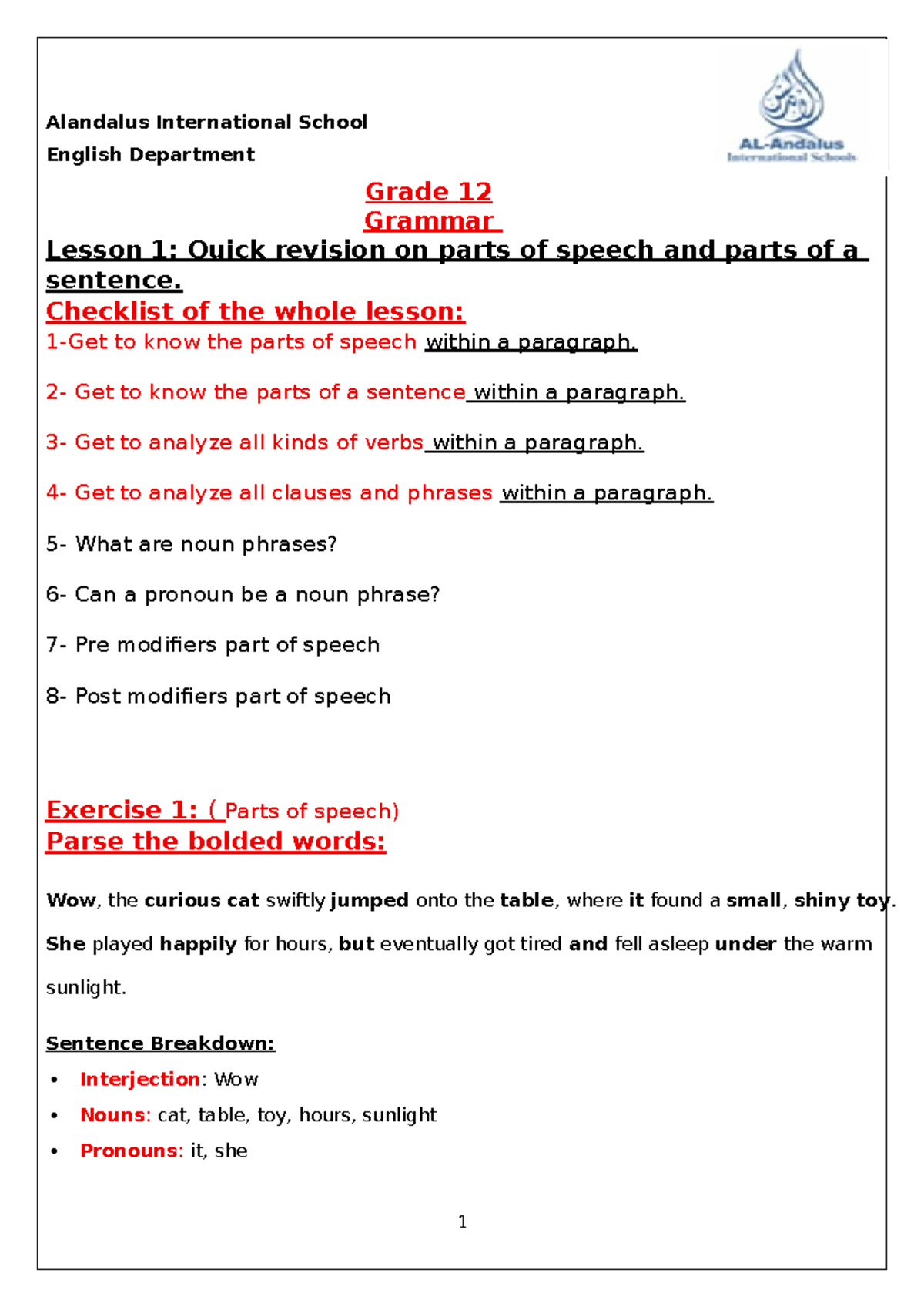 Grade 12 English Grammar Lesson 1: Parts of Speech, Sentences, Phrases ...