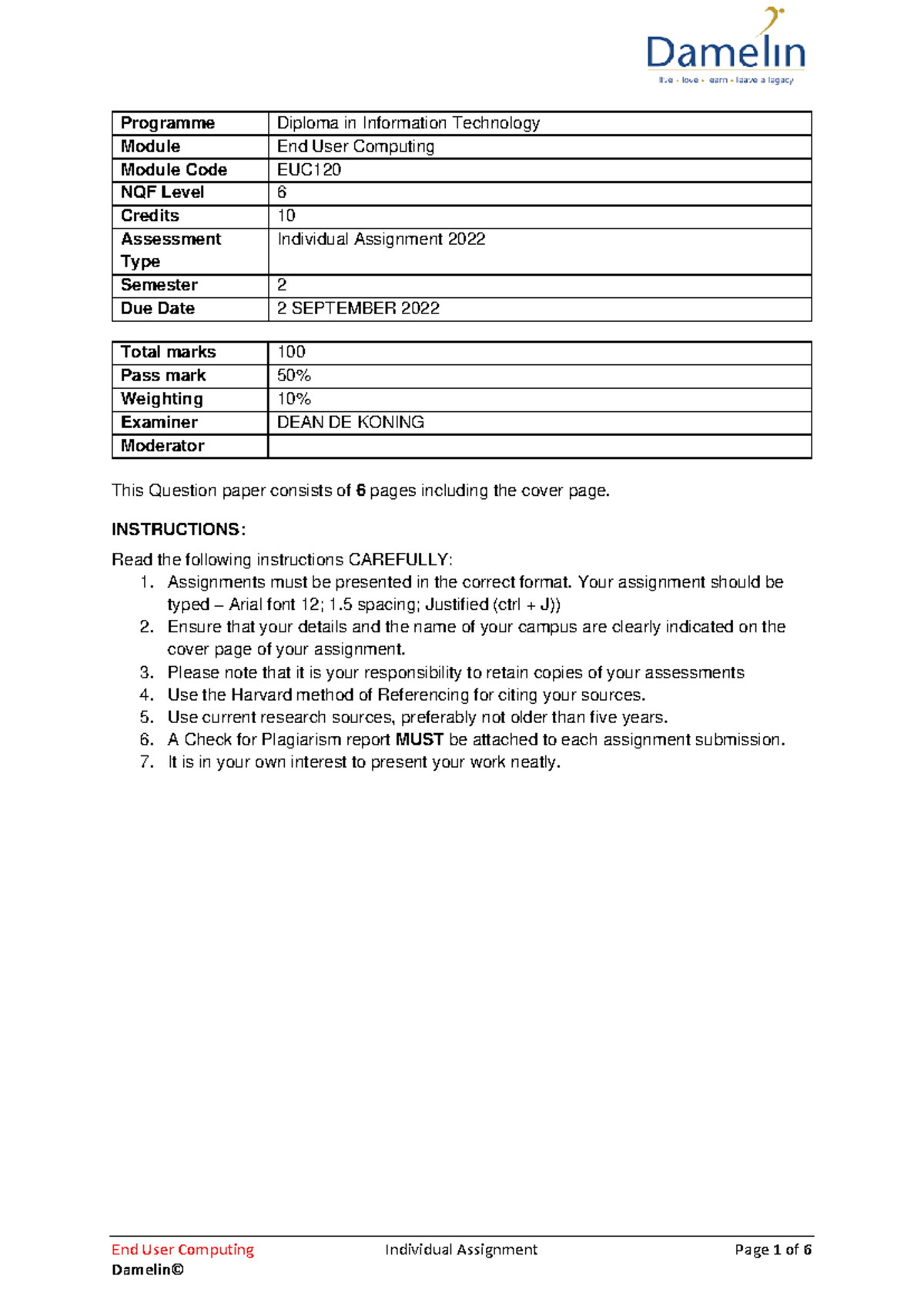 EUC Assignment 1 - End User Computing Individual Assignment Page 1 of 6 ...