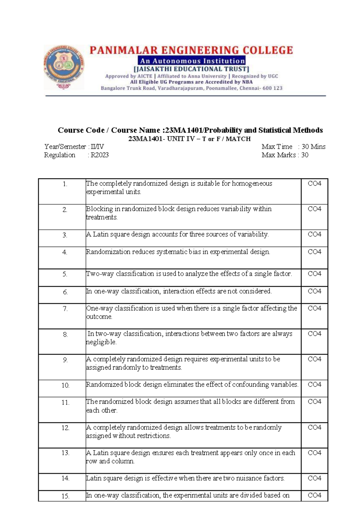 PSM CSE R2023 UNIT IV True/False & Match on Statistical Methods - Studocu