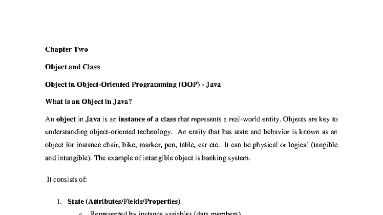 Chapter Two Java - Sad - Chapter Two Object and Class Object in Object-Oriented Programming (OOP ...
