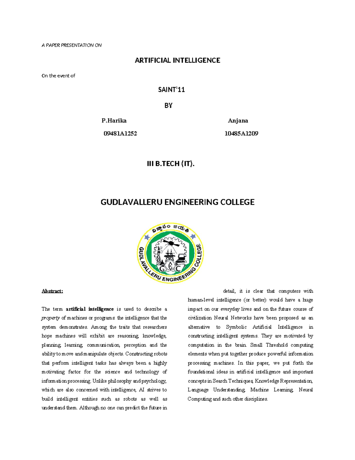 A PAPER PRESENTATION ON ARTIFICIAL INTELLIGENCE - B.TECH (IT) - Studocu