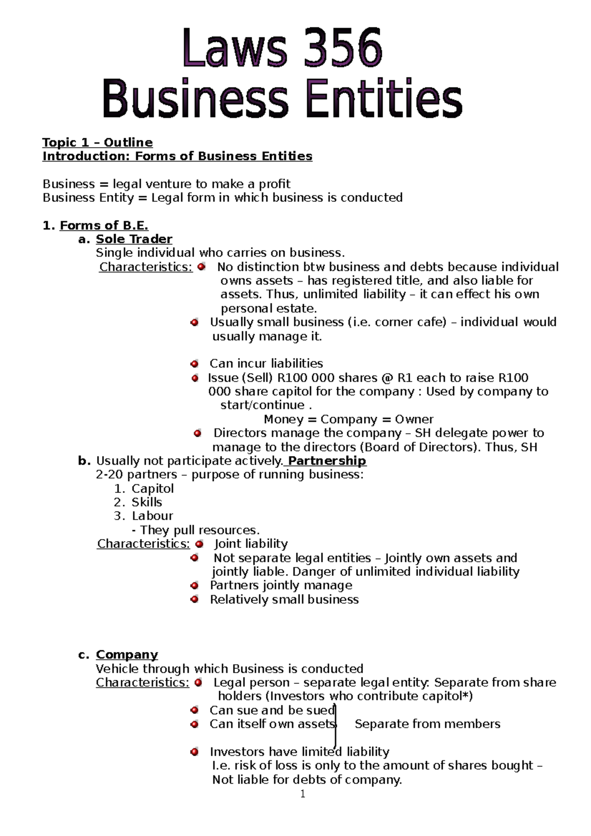 Business Entities Overview and Case Summaries Summary (Year-End) - Studocu