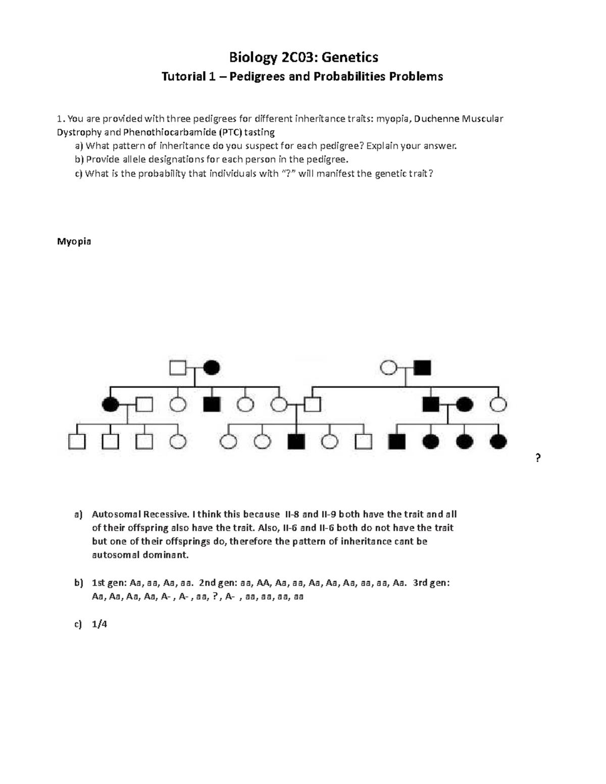 Biology 2C03: Genetics Tutorial 1 - Pedigrees & Probabilities Analysis ...
