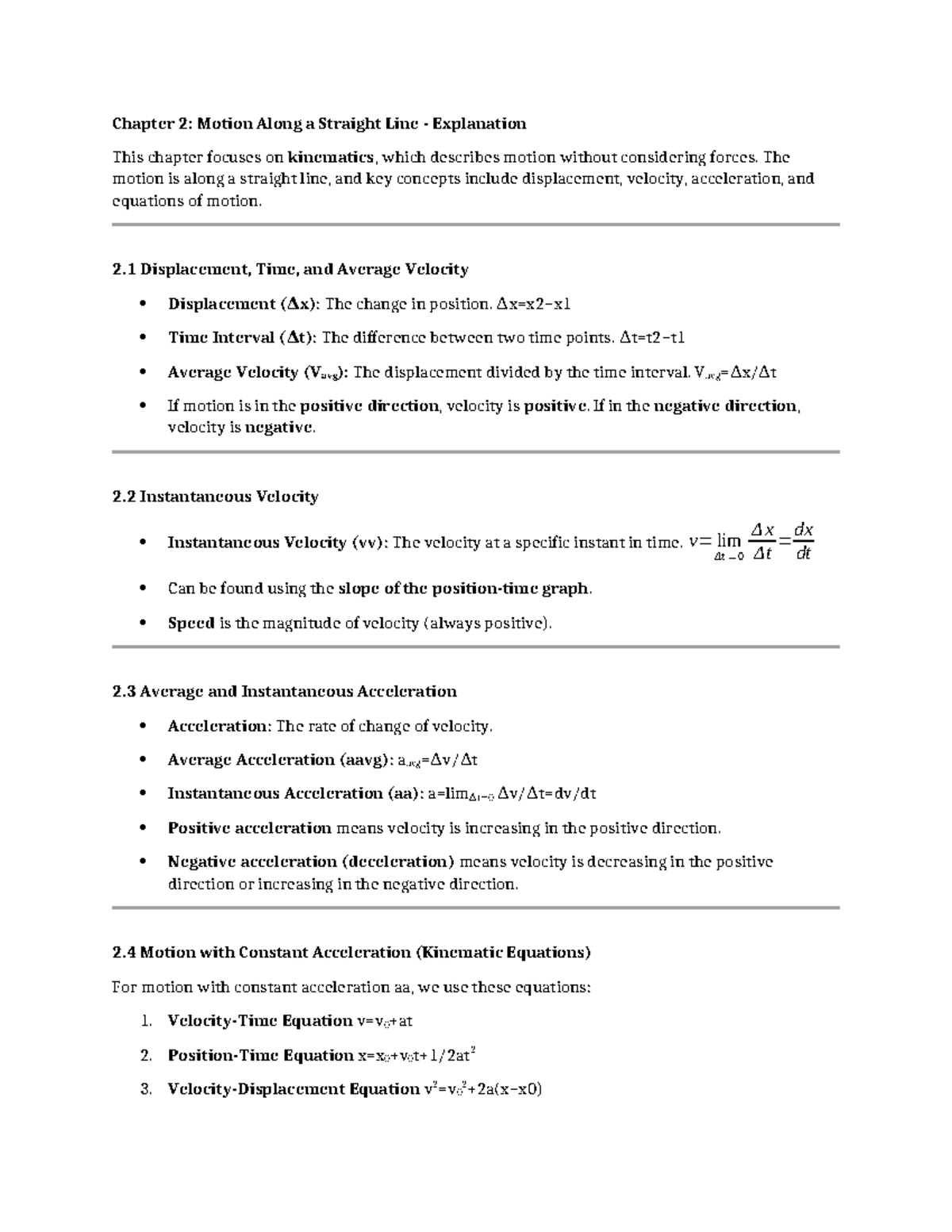 Kinematics Motion Along a Straight Line - Chapter 2 Review - Studocu