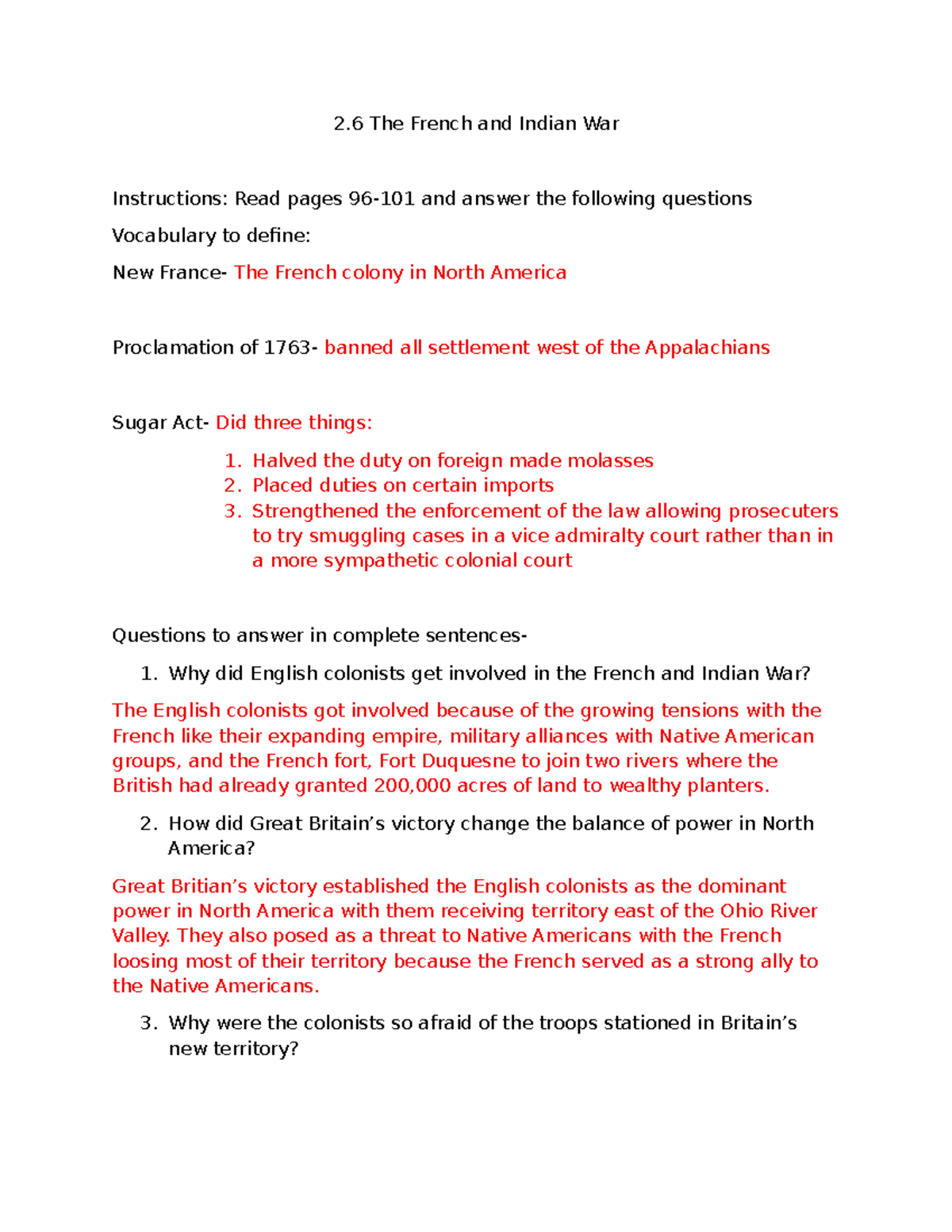 2.6 French and Indian War Homework Questions and Vocabulary - Studocu