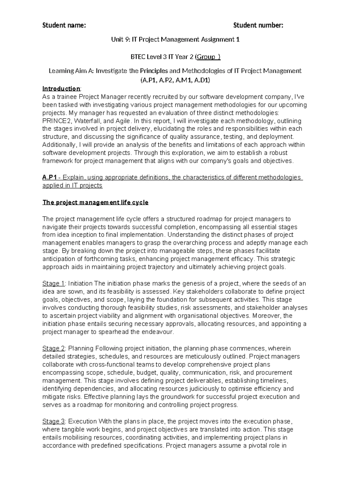 Unit 9 Assignment 1: Evaluating IT Project Management Methodologies - Studocu