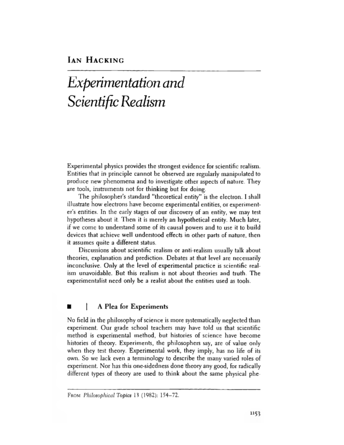 Experimentation and Scientific Realism in Physics - PHIL 322 Final Exam ...