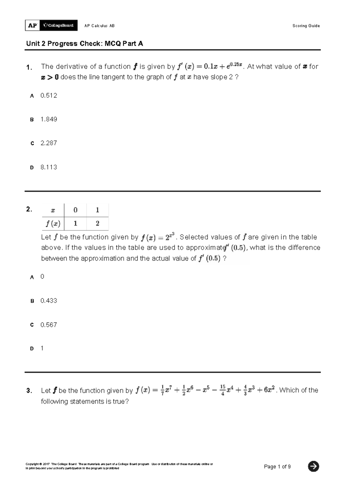 AP Calculus AB Unit 2 Progress Check: MCQ Scoring Guide - Studocu