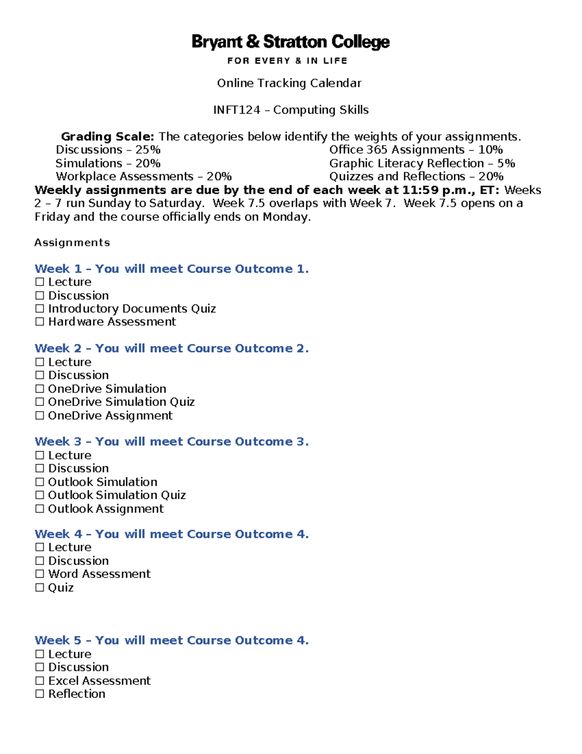INFT124 Online Tracking Calendar for Assignments and Grading - Studocu