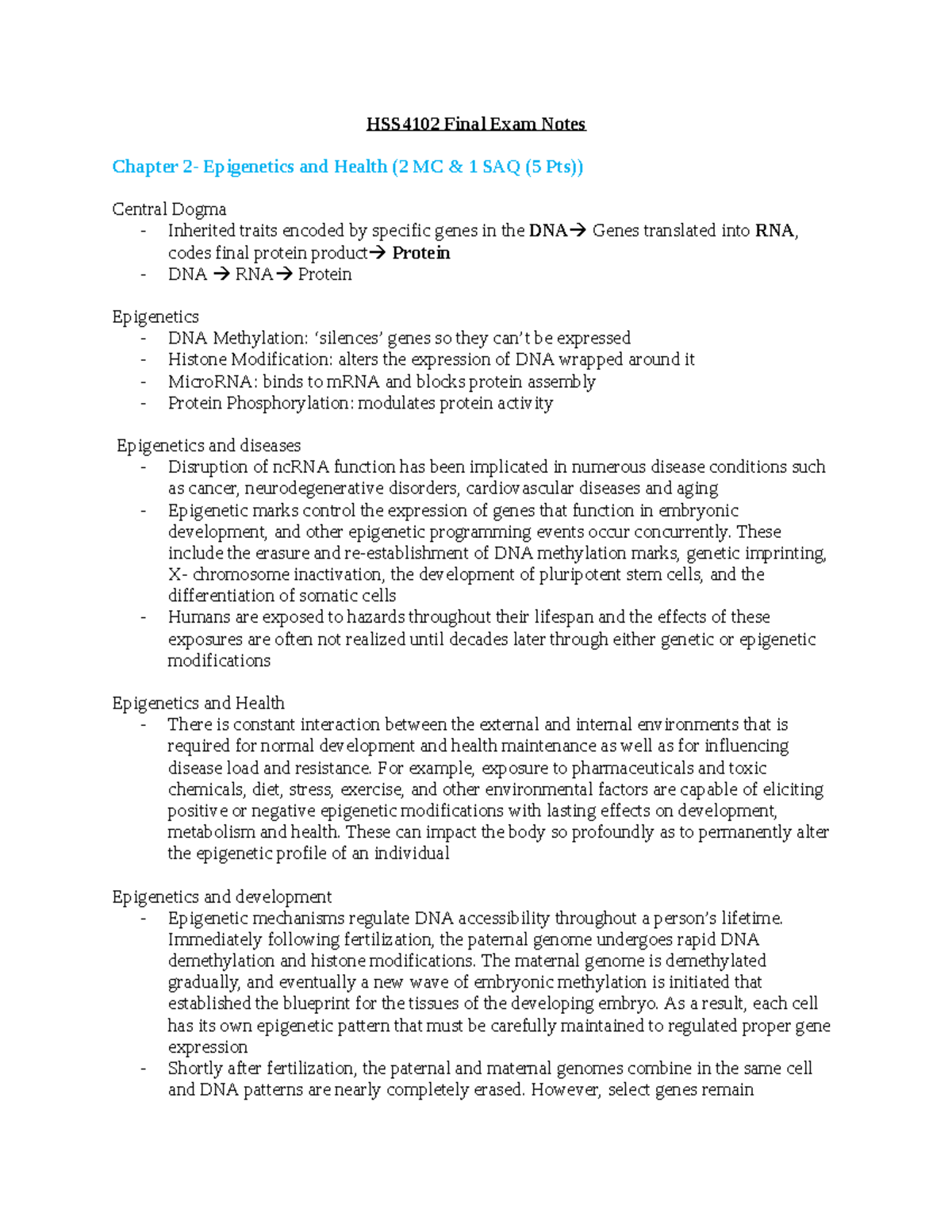 HSS4102 Final Exam Notes: Epigenetics, Health, and Development Insights ...