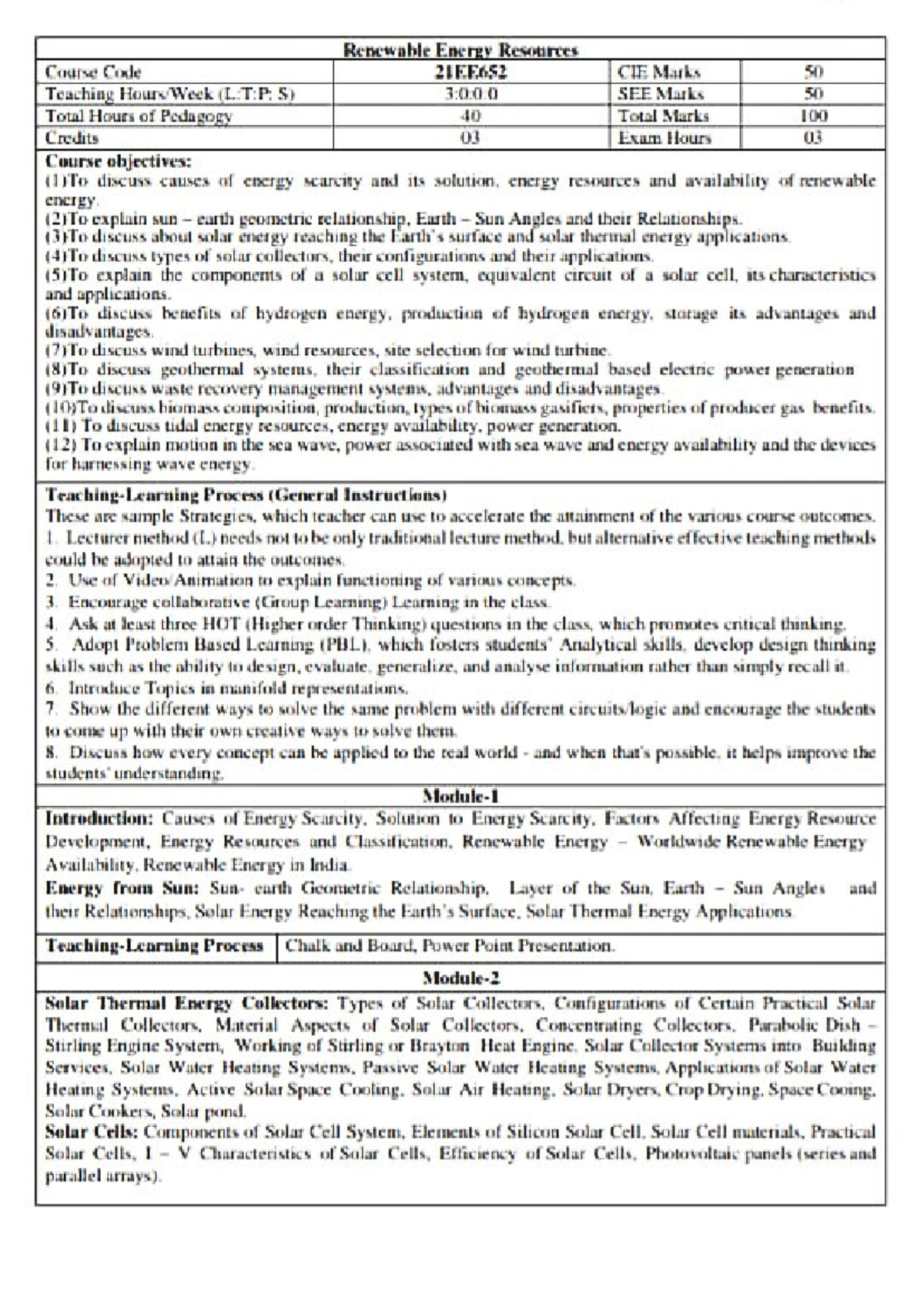 Renewable Energy Resources Overview - 21EE652 Course Content - Studocu