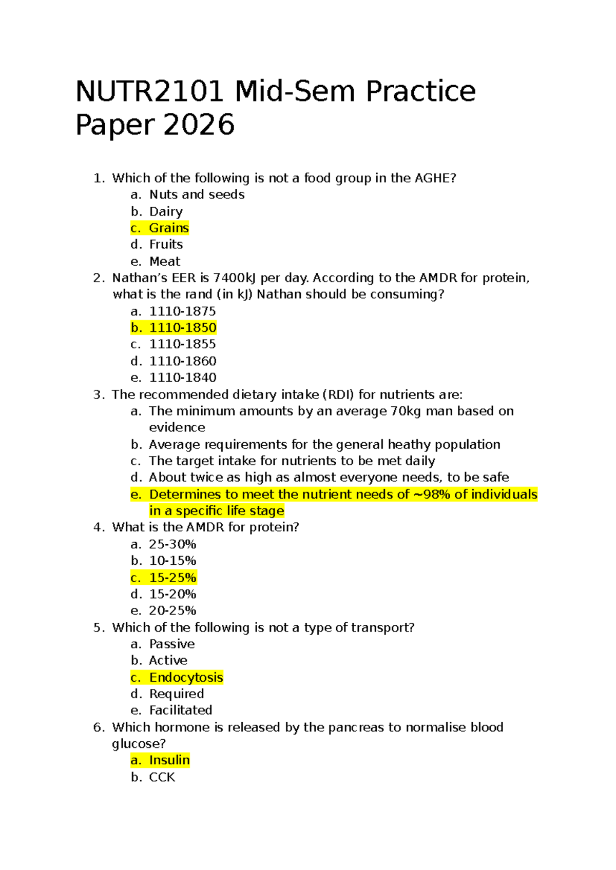 NUTR2101 Mid Sem Prep - Practice Paper 2026 - Studocu