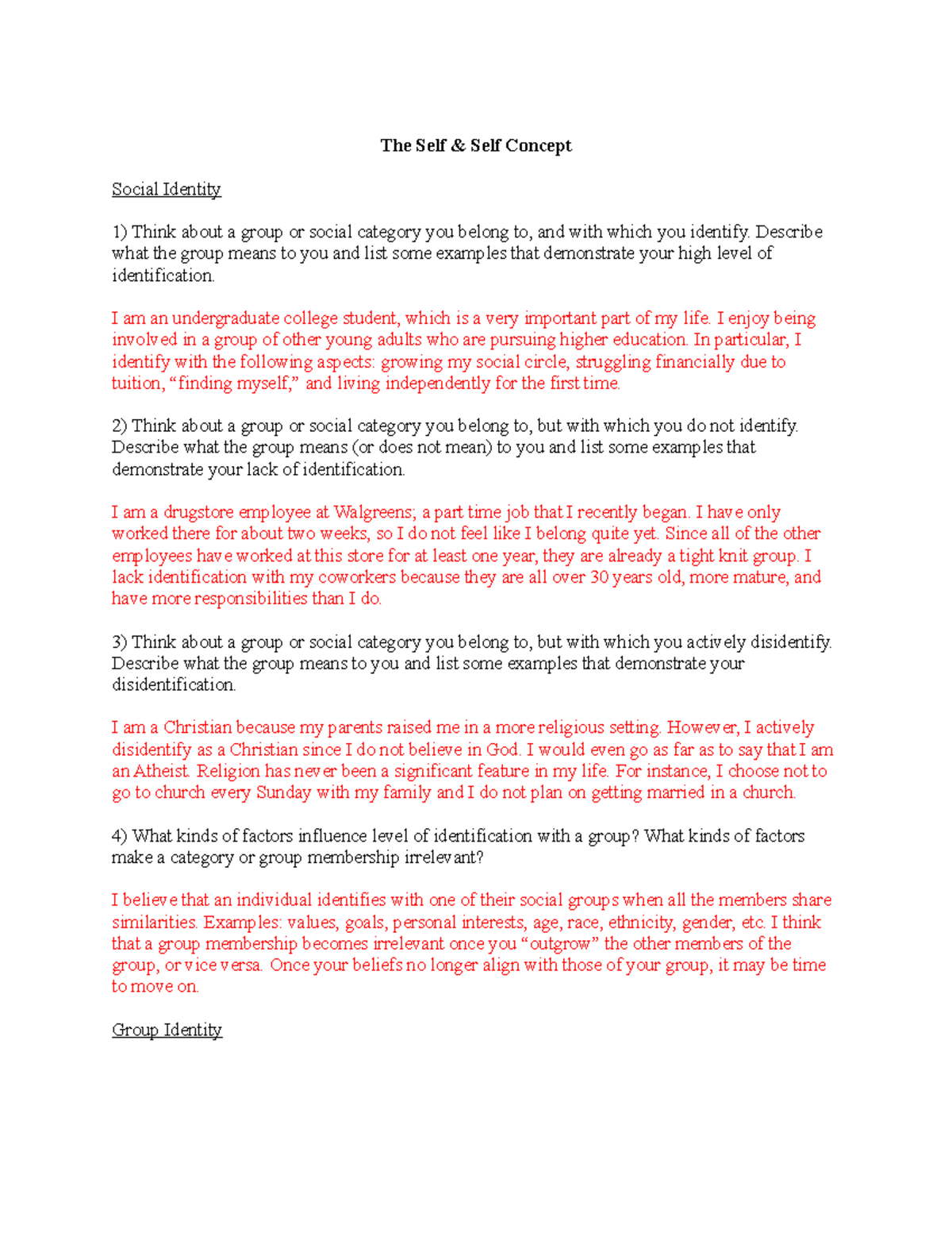 PSYC Social - Social Identity Worksheet & Reflections on Group ...