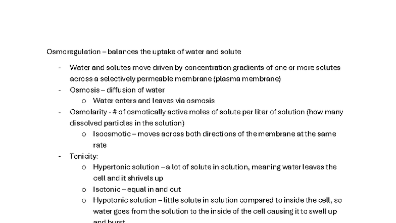 Osmoregulation Notes: Water and Solute Balance in Organisms - Studocu
