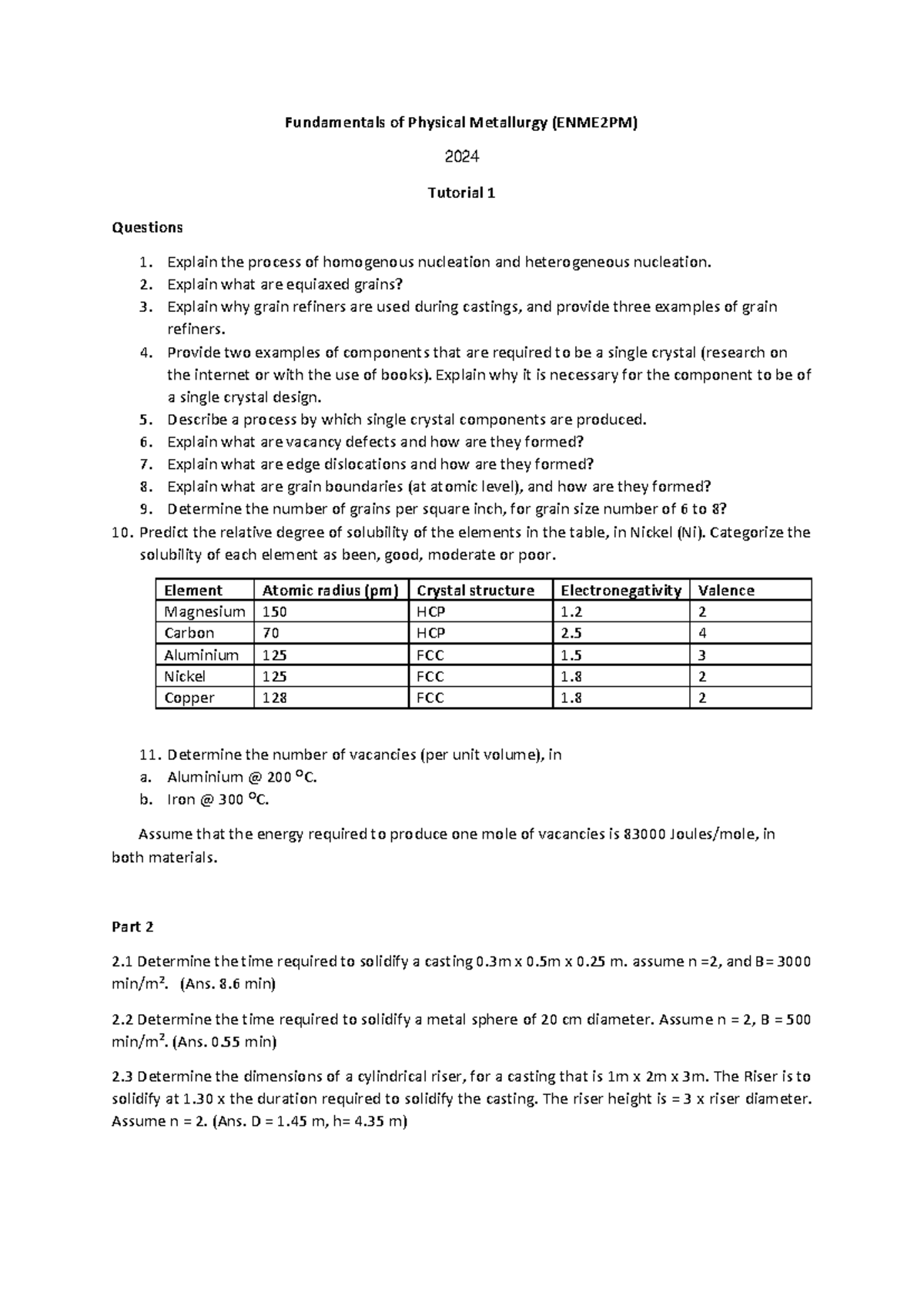 Tutorial 1 - Metallurgy - Fundamentals of Physical Metallurgy (ENME2PM ...