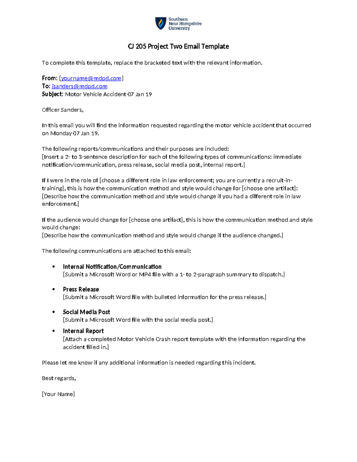 CJ 205 Project Two Email Template for Accident Communication - Studocu