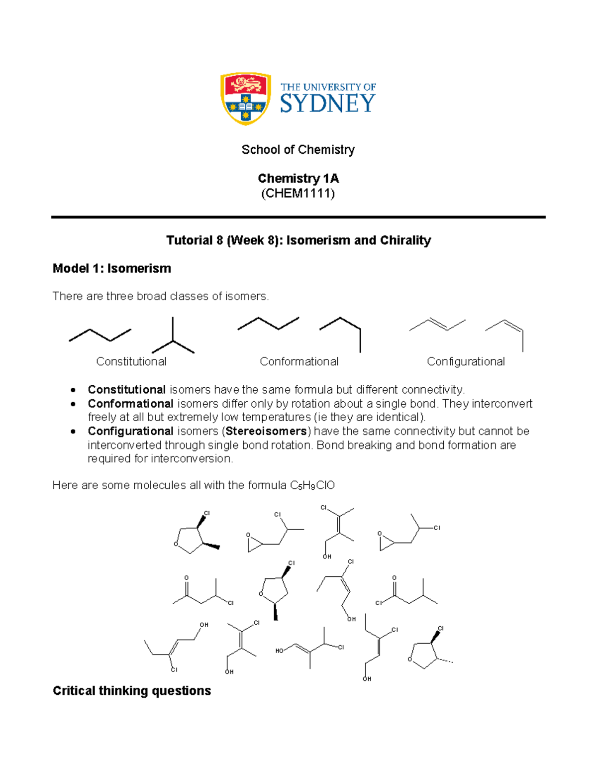 Tutorial 08 - School of Chemistry Chemistry 1A (CHEM1111) Tutorial 8 ...
