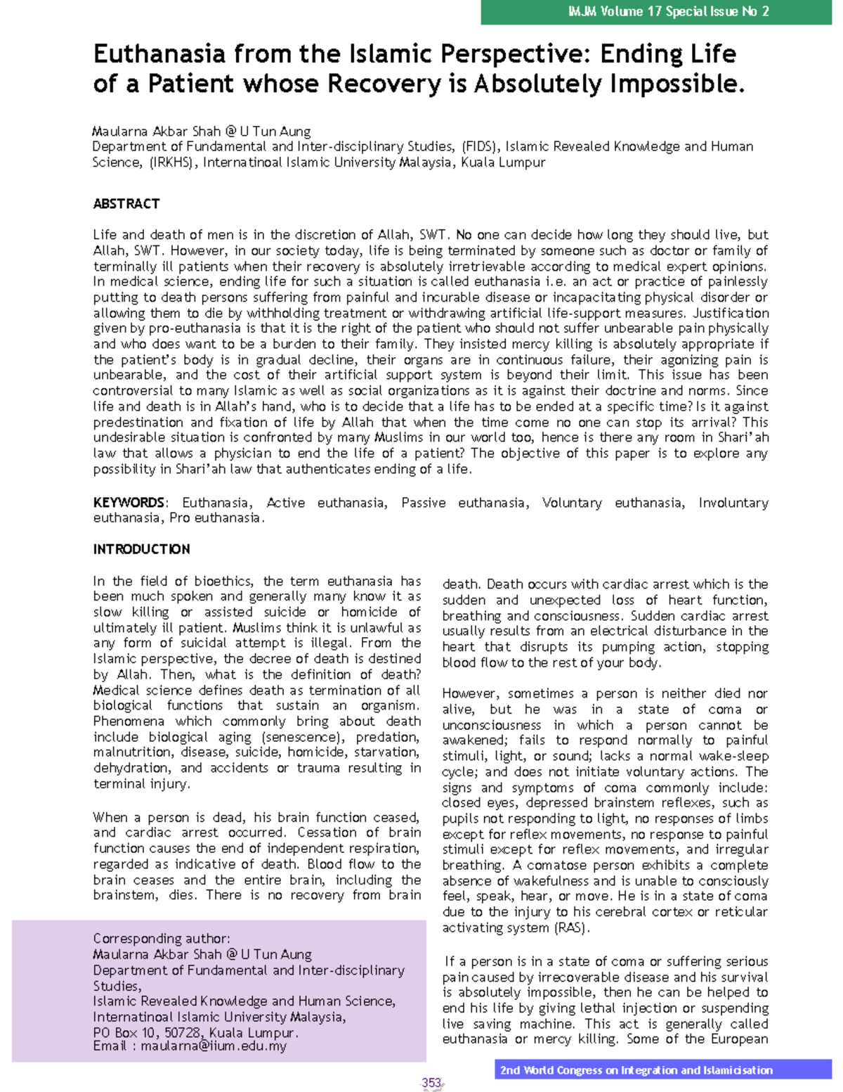 Euthanasia in Islam: Perspectives and Ethical Considerations (IMJM 17(2 ...