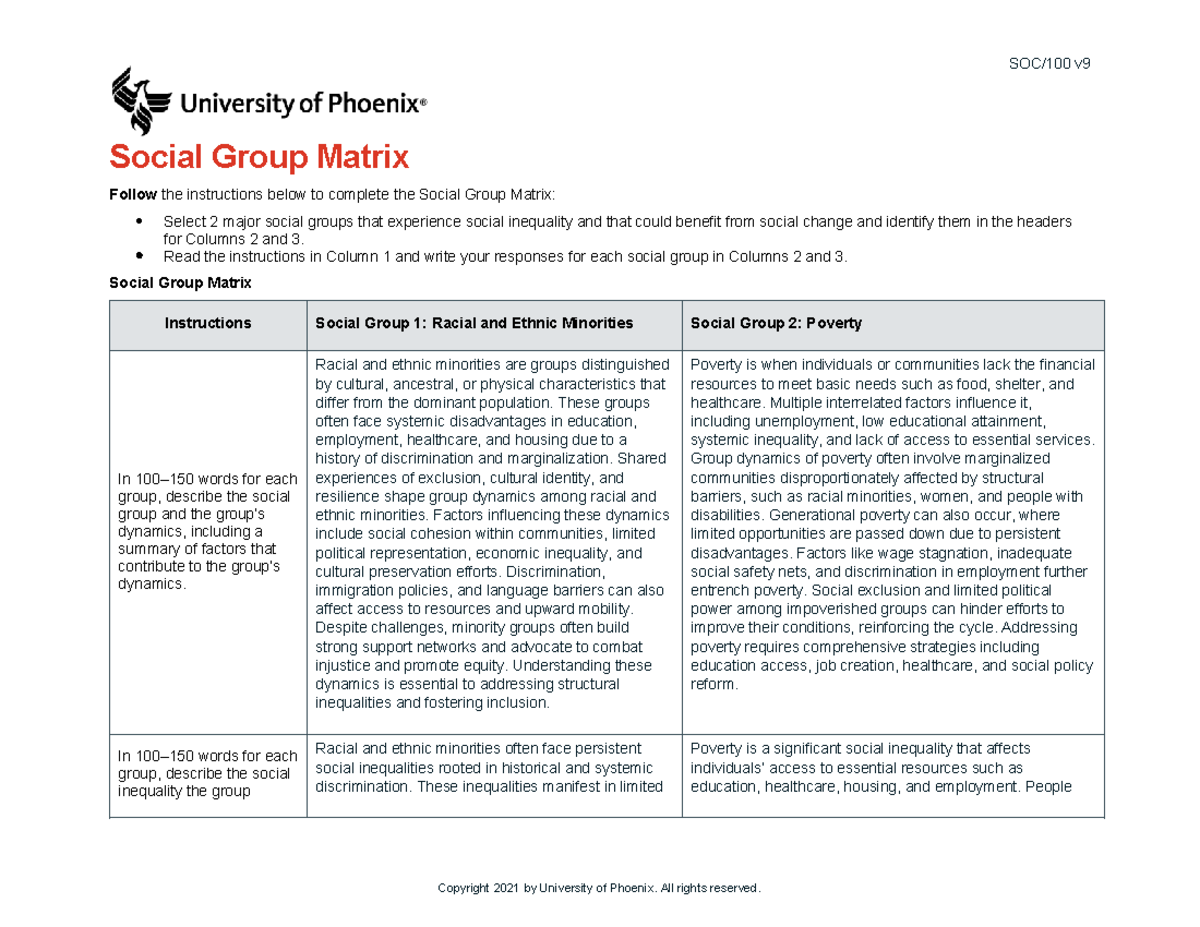 SOC100 v9 WK5 Social Group Matrix: Addressing Inequality in Minorities ...