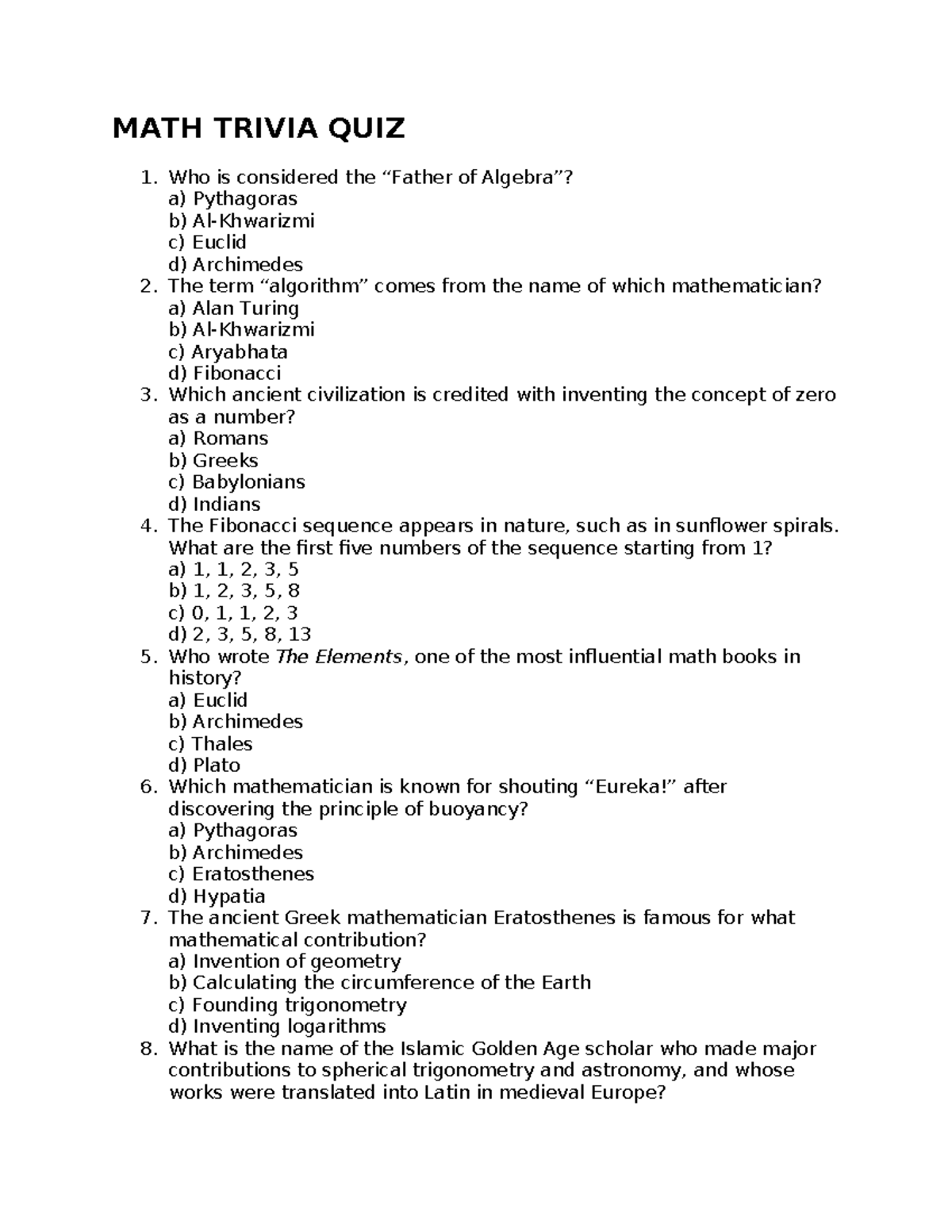 MATH 101: Trivia Quiz on Historical Mathematicians and Concepts - Studocu