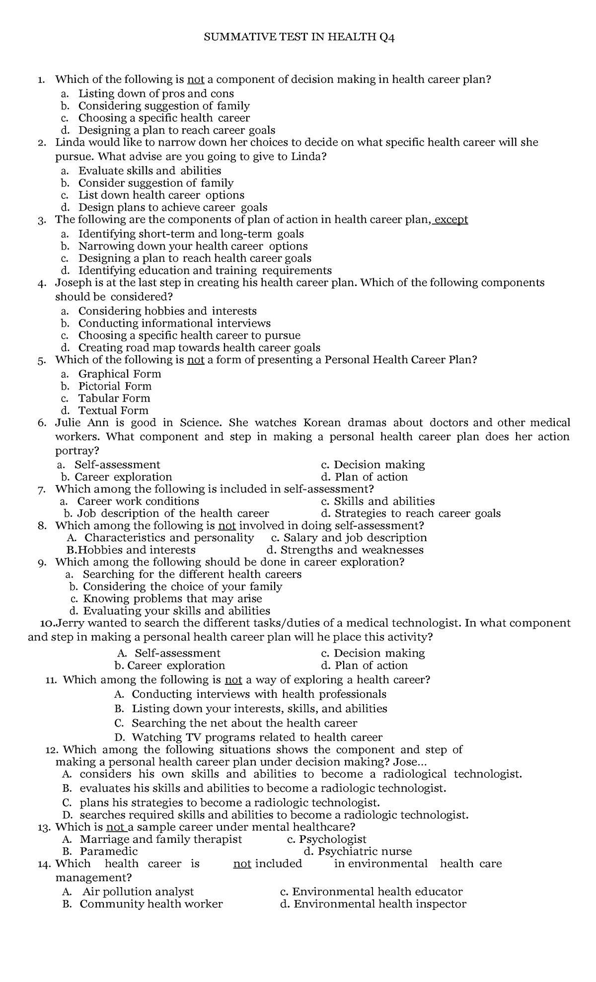 Summative Test Q on Health Career Planning and Decision Making - Studocu