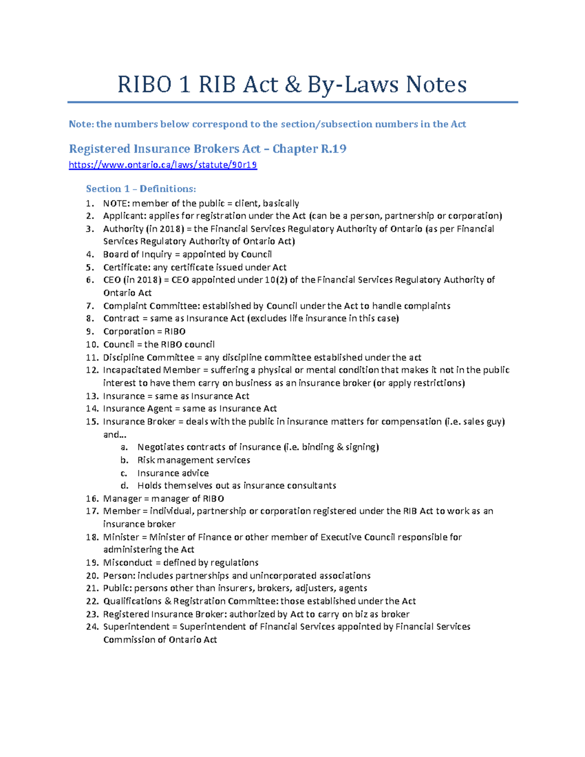 RIBO 1 Registered Insurance Brokers Act & By-Laws Study Notes - Studocu