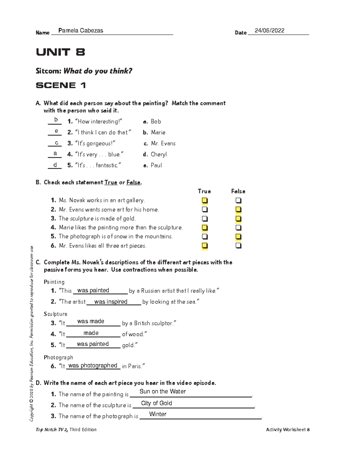 UNIT 08 Sitcom Activity Worksheet 8 - Engaging with Art - Studocu