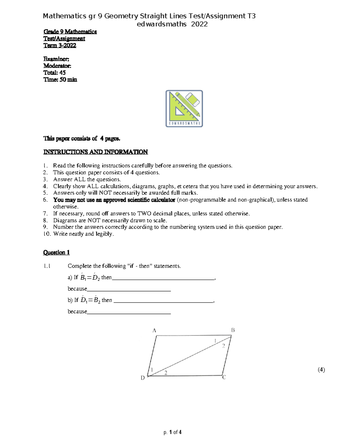 Gr 9 Edwardsmaths Geometry Test T3 2022 - Straight Lines Insights - Studocu