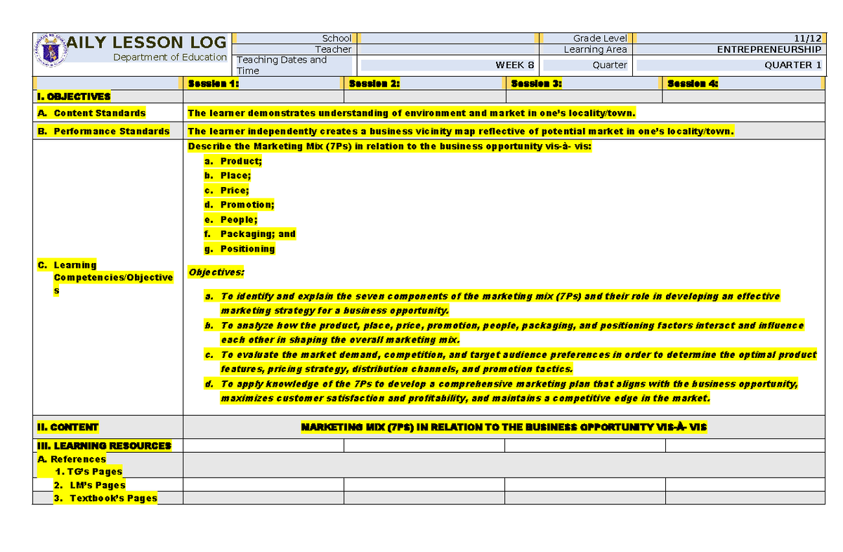 Entrep Q1 Week 8 Lesson Log: Understanding the Marketing Mix (7Ps ...