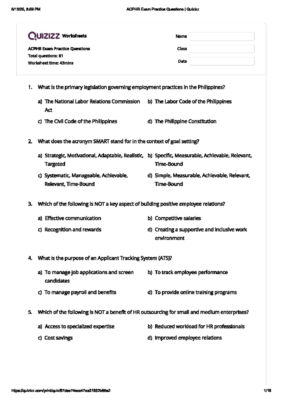 ACPHR Mock Exam Practice Questions and Answer Key - Studocu