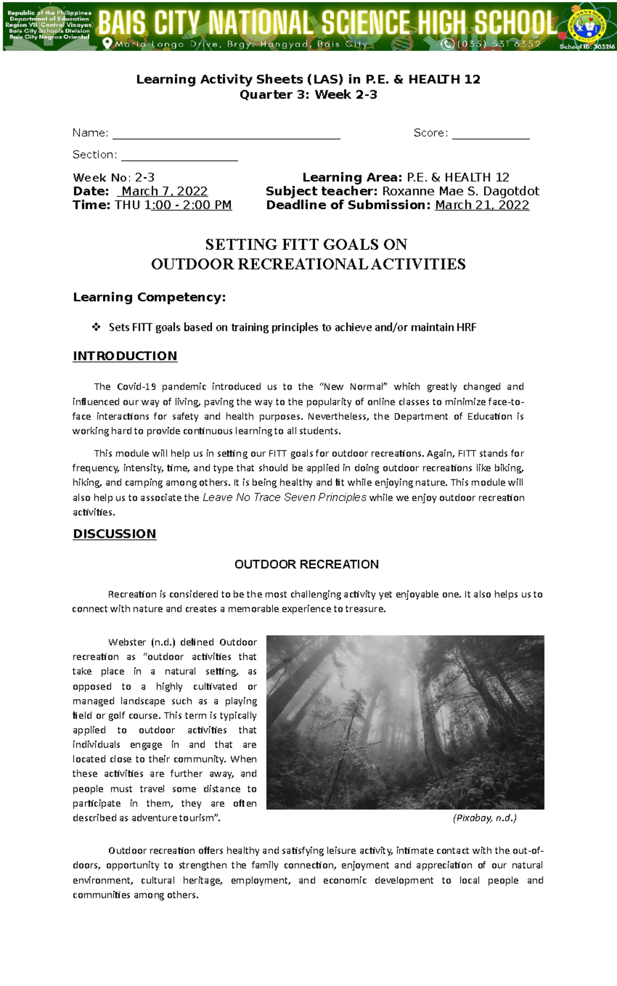 Grade PE 12 Q3 LAS Week 2-3: Setting FITT Goals for Outdoor Activities ...