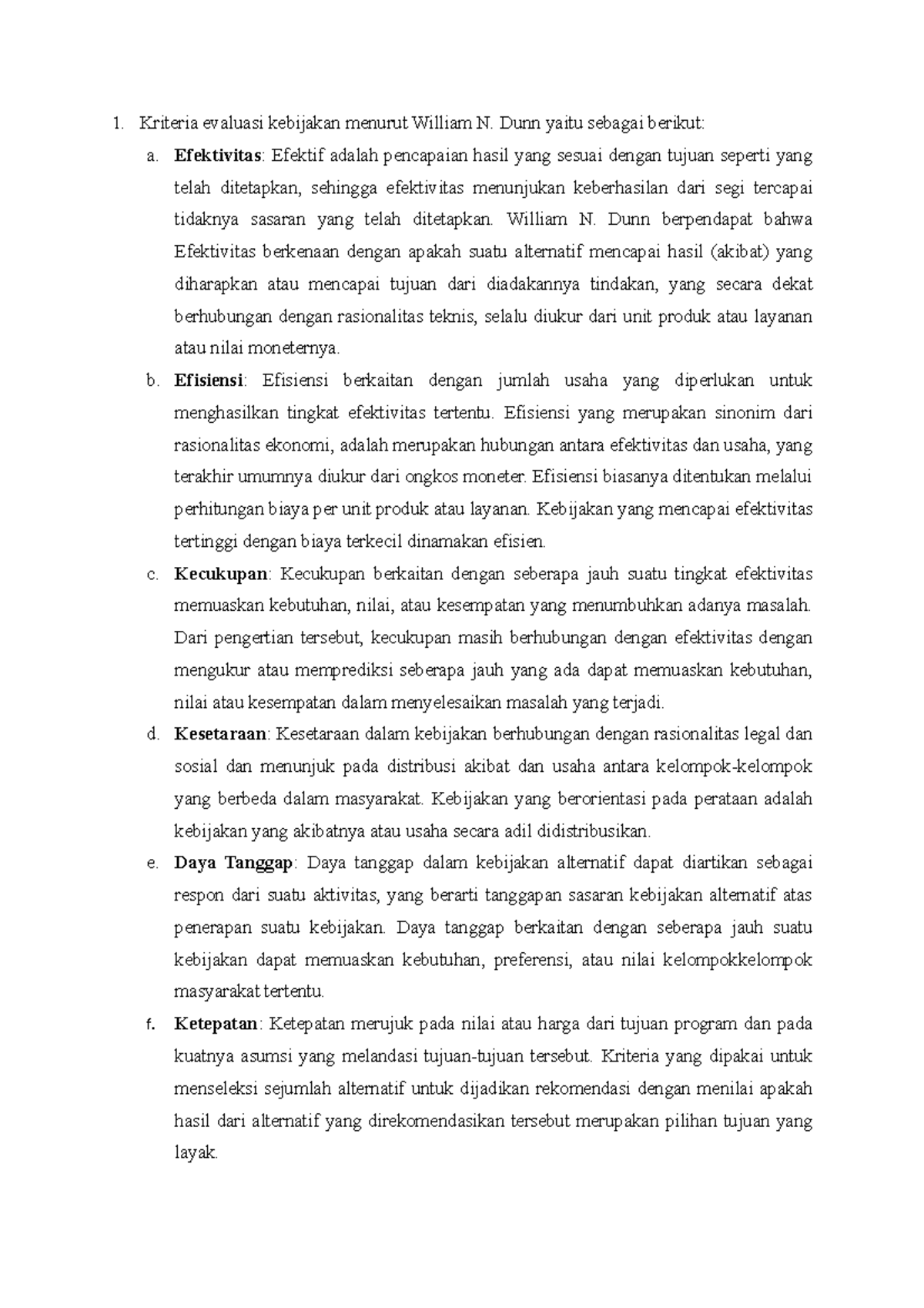 Kriteria Evaluasi Kebijakan William N. Dunn: Efektivitas, Efisiensi, dan Lainnya - Studocu