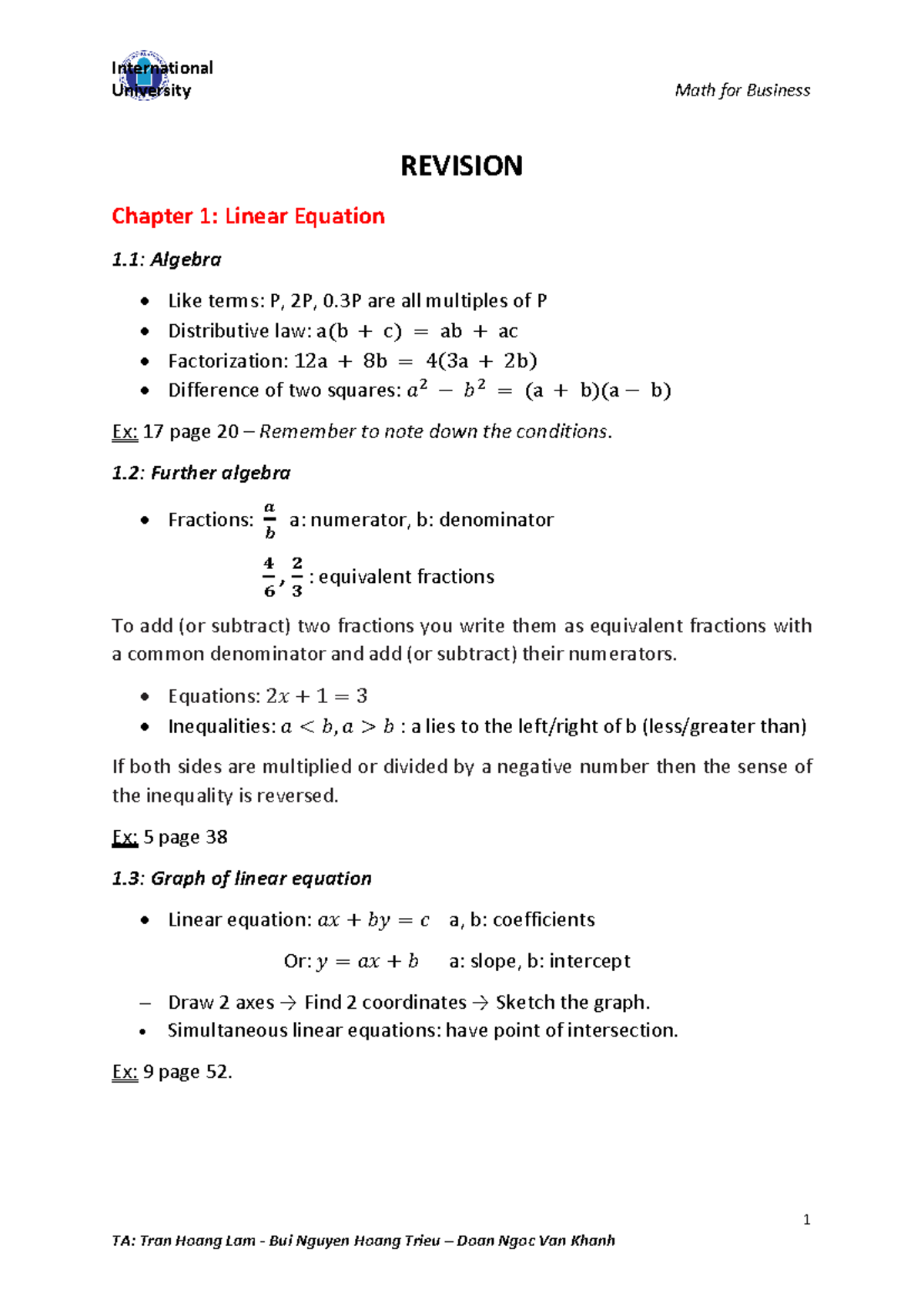 Revision Math - Mid - University Math for Business 1 REVISION Chapter 1 ...
