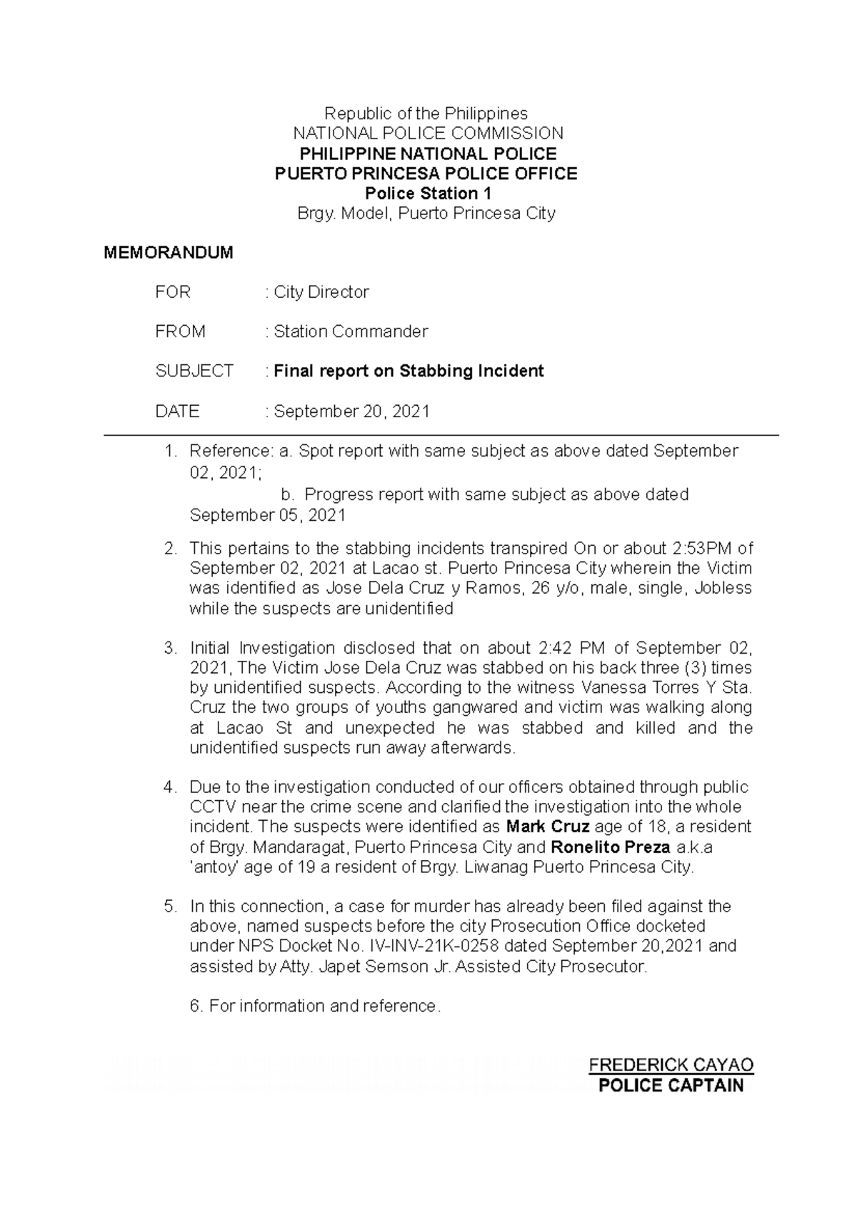 Final Report on Stabbing Incident – Puerto Princesa PNP 2021 - Studocu