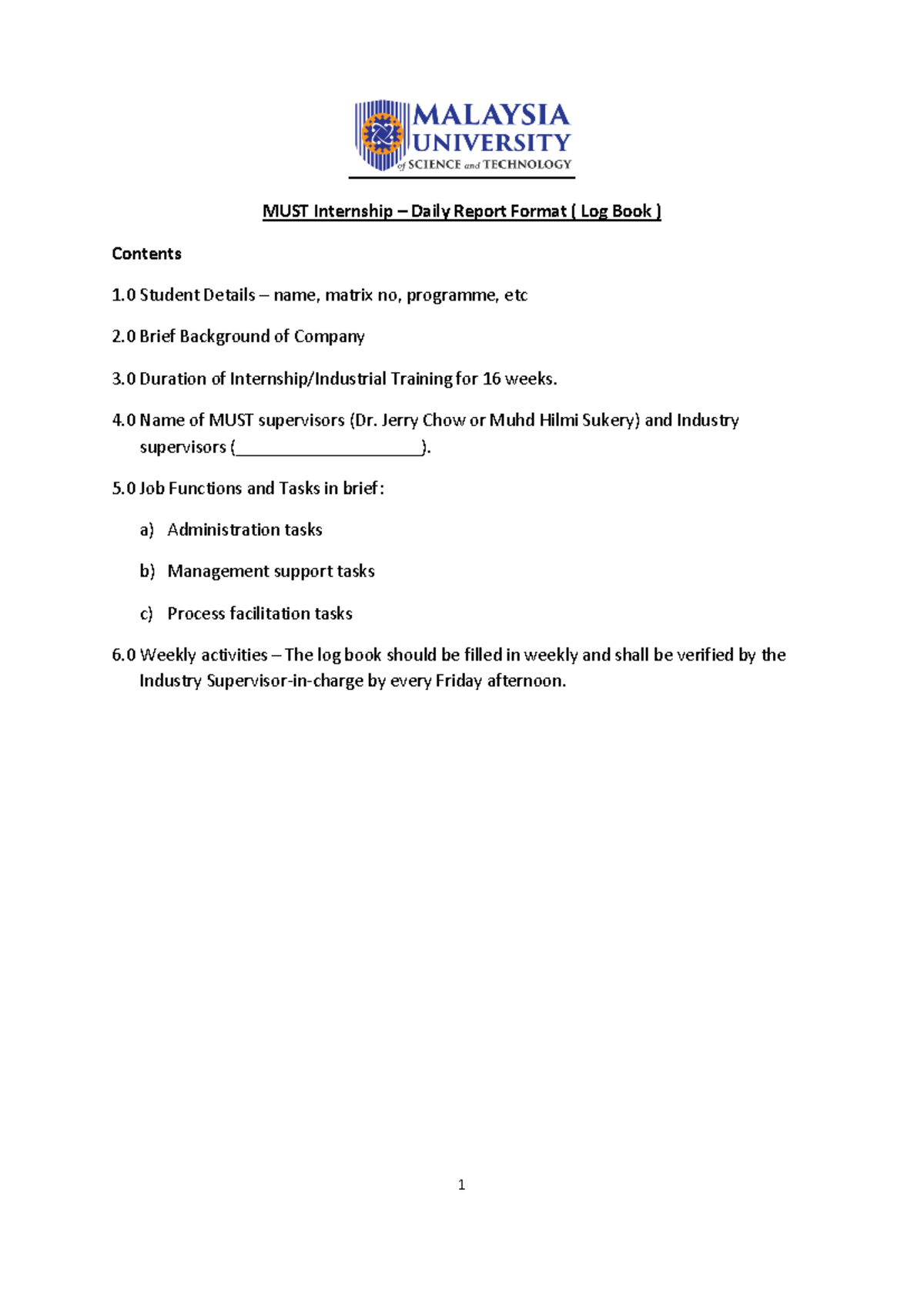 BBA3708 MUST Internship Daily Report Log Book Format - Studocu