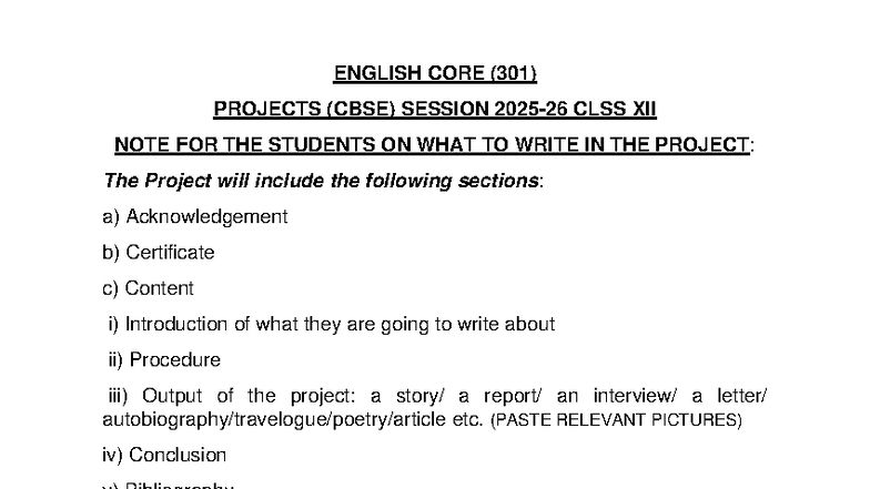 ENGLISH CORE (301) PROJECT GUIDELINES FOR XII (CBSE) 2025-26 - Studocu