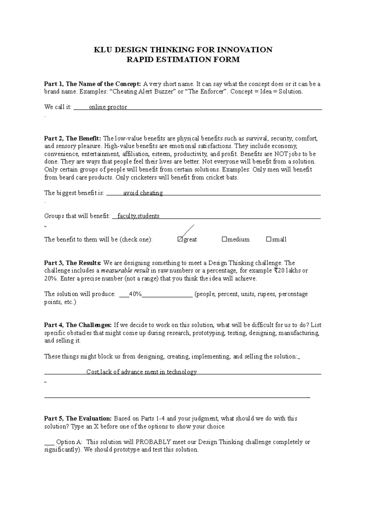 KLU Rapid Estimation Form - KLU DESIGN THINKING FOR INNOVATION RAPID ...
