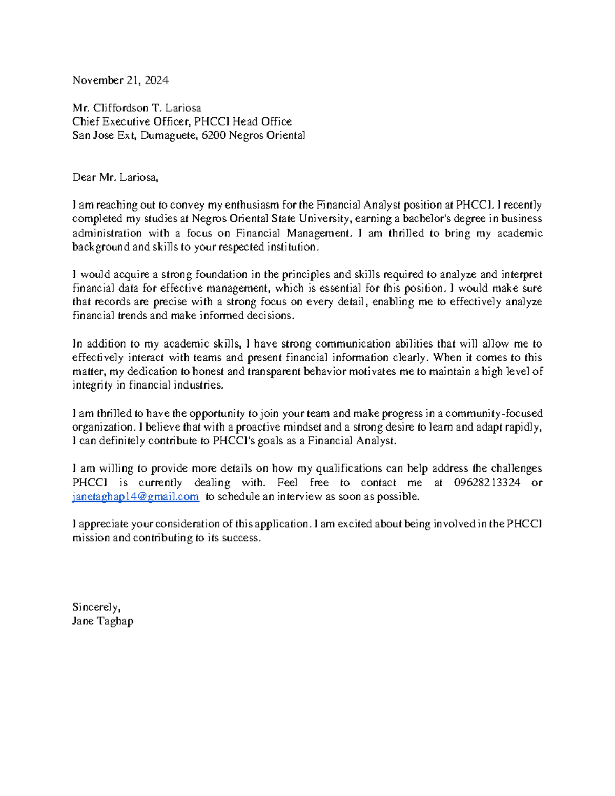 Purposive Application Letter - November 21, 2024 Mr. Cliffordson T ...