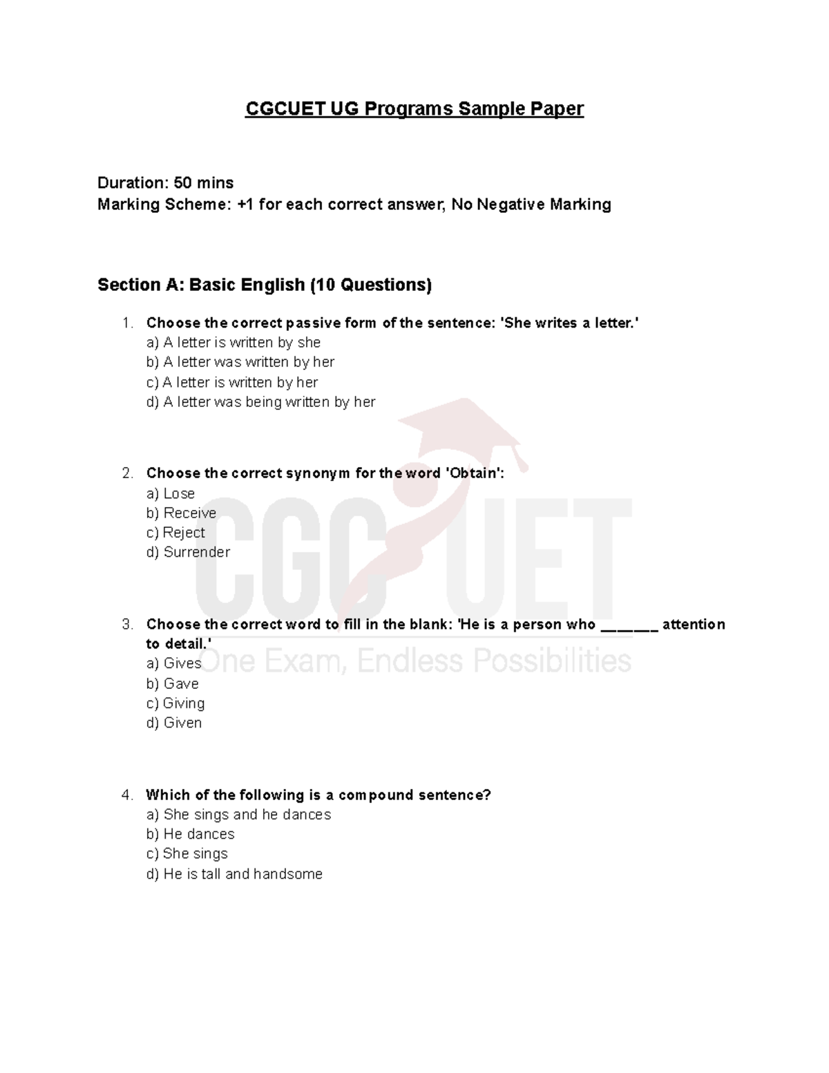 CGCUET UG Programs Sample Paper: English, Quant & GK Sections - Studocu