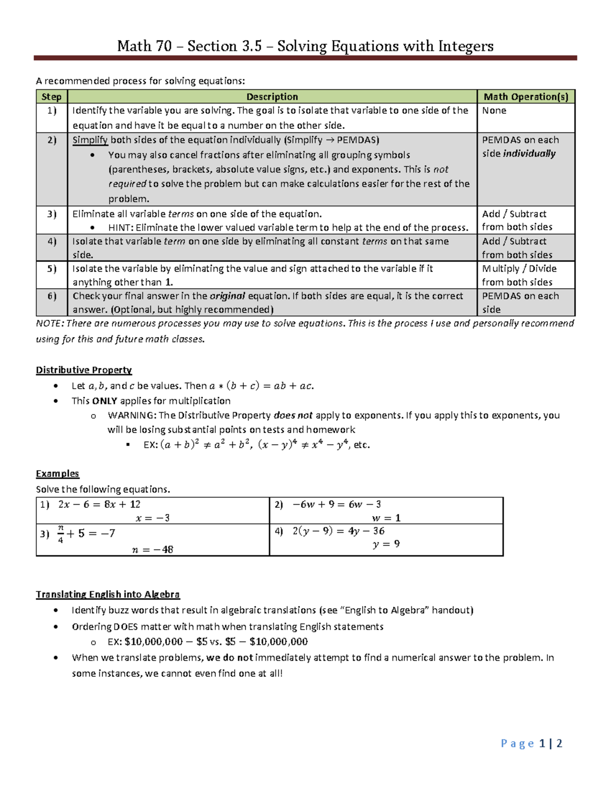 Math 70: Section 3.5 - Process for Solving Integer Equations - Studocu