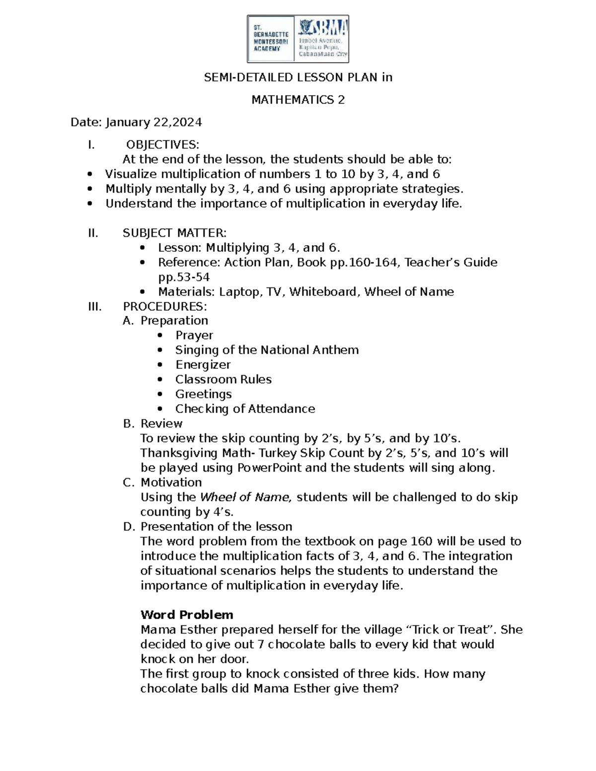 SEMI-Detailed Lesson Plan in Mathematics 2: Multiplying 3, 4, and 6 ...